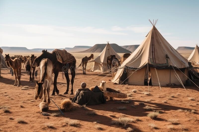 Nomadic Tribe Setting Up Camp in Desert, with Tents and Animals Stock ...