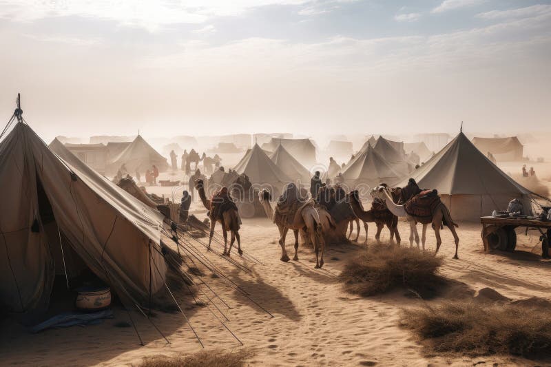 Nomadic Tribe Setting Up Camp in the Desert, with Tents and Camels ...