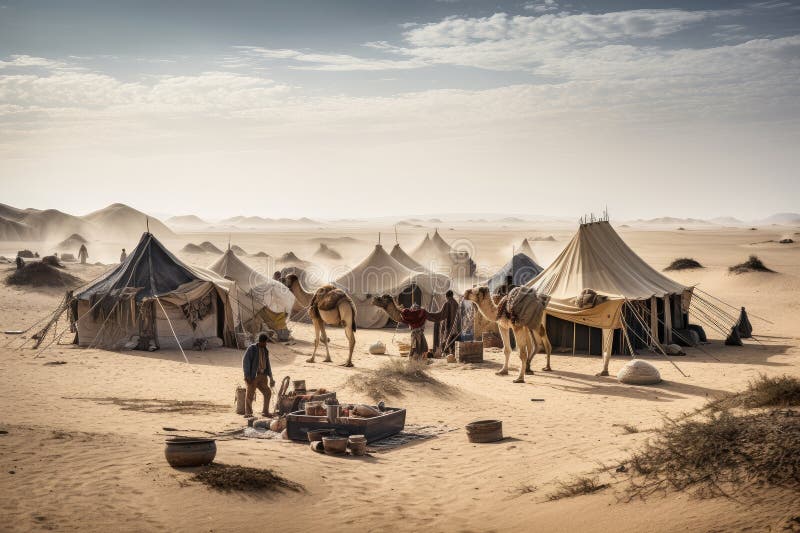 Nomadic Tribe Setting Up Camp in the Desert, with Tents and Camels ...