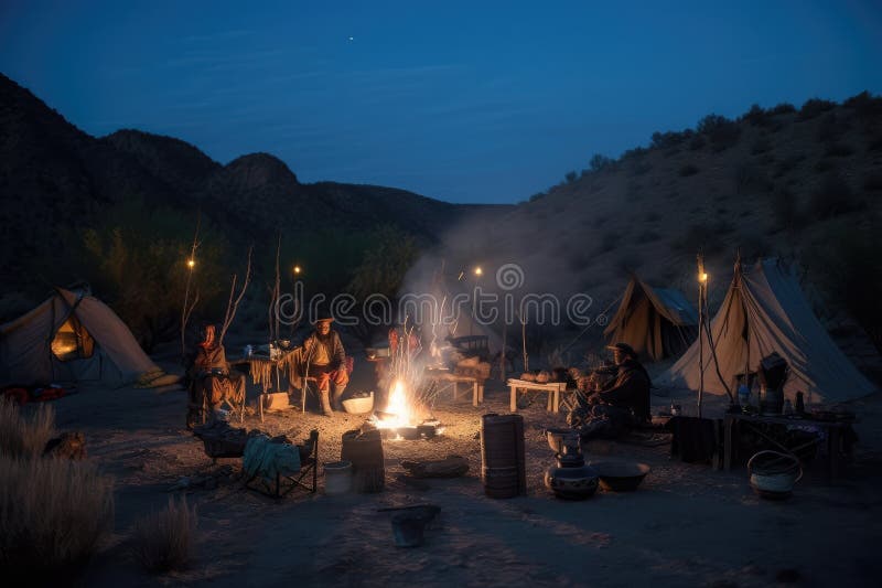 Nomadic Tribe Setting Up Camp for the Night, with Lanterns and Fires ...