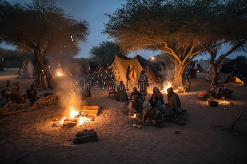 Nomadic Tribe Setting Up Camp for the Night, with Lanterns and Fires ...