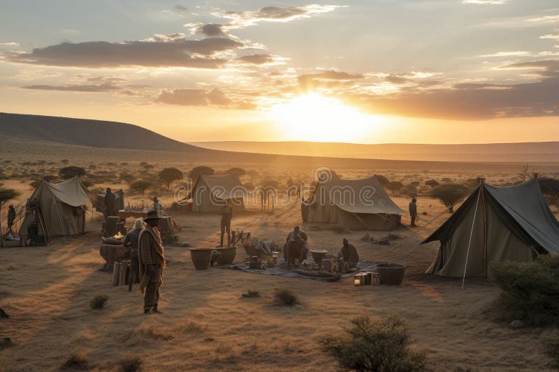 Nomadic Tribe Setting Up Camp at Sunset, with Views of the Surrounding ...