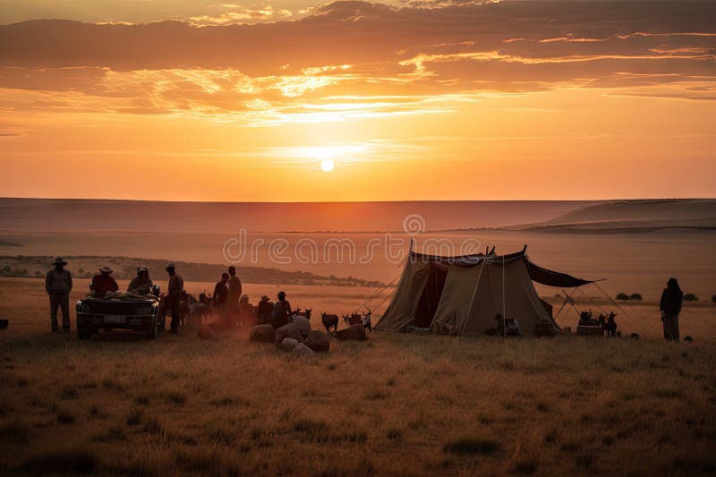 Nomadic Tribe Setting Up Camp at Sunset, with Views of the Surrounding ...
