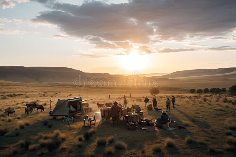 Nomadic Tribe Setting Up Camp at Sunset, with Views of the Surrounding ...