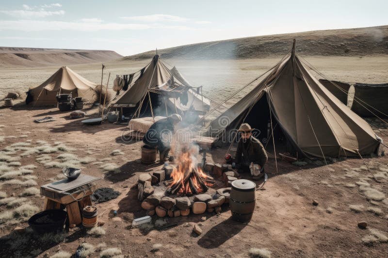 Nomadic Tribe Setting Up Camp with Tents, Fire, and Cooking Pots Stock ...