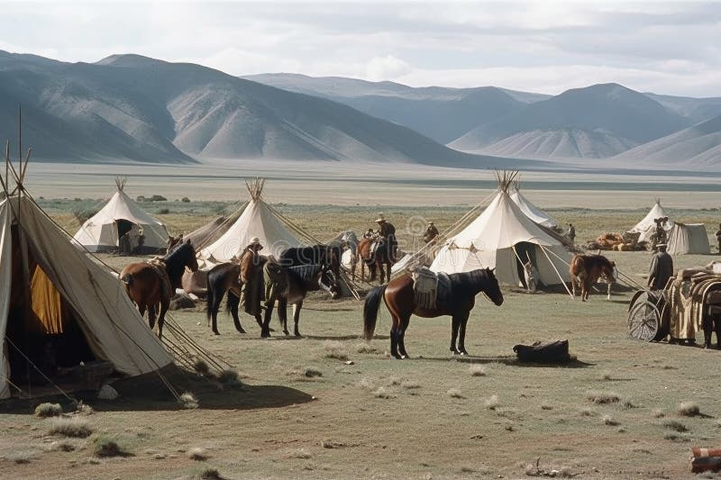 Nomadic Tribe Setting Up Camp, with Tents and Horses Visible Stock ...