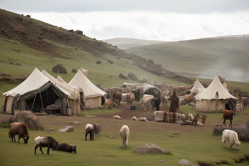 Nomadic Tribe Setting Up Camp with Tents and Livestock Stock ...
