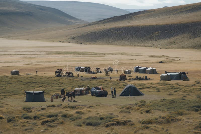 Nomadic Tribe Setting Up Camp in Wide, Open Valley Stock Illustration ...