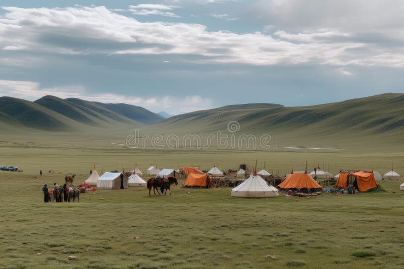 Nomadic Tribe Setting Up Camp in Wide, Open Valley Stock Photo - Image ...