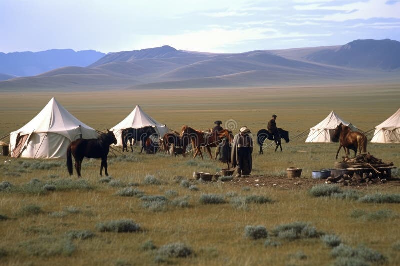 Nomadic Tribe Setting Up Camp on Windswept Plain, with Tents and ...