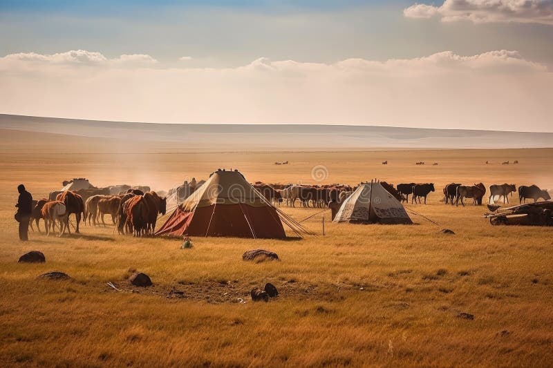 Nomadic Tribe Setting Up Camp on Windswept Plain, with Tents and ...