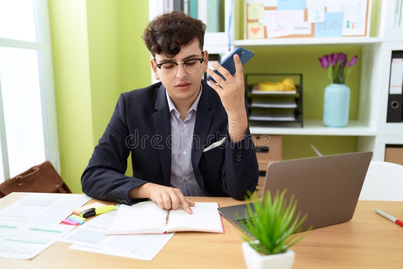 Non Binary Man Business Worker Stressed Talking on Smartphone Reading ...