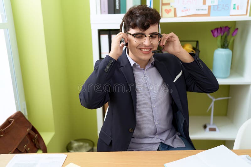 Non Binary Man Call Center Agent Smiling Confident Working at Office ...