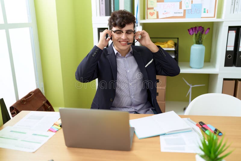 Non Binary Man Call Center Agent Smiling Confident Working at Office ...