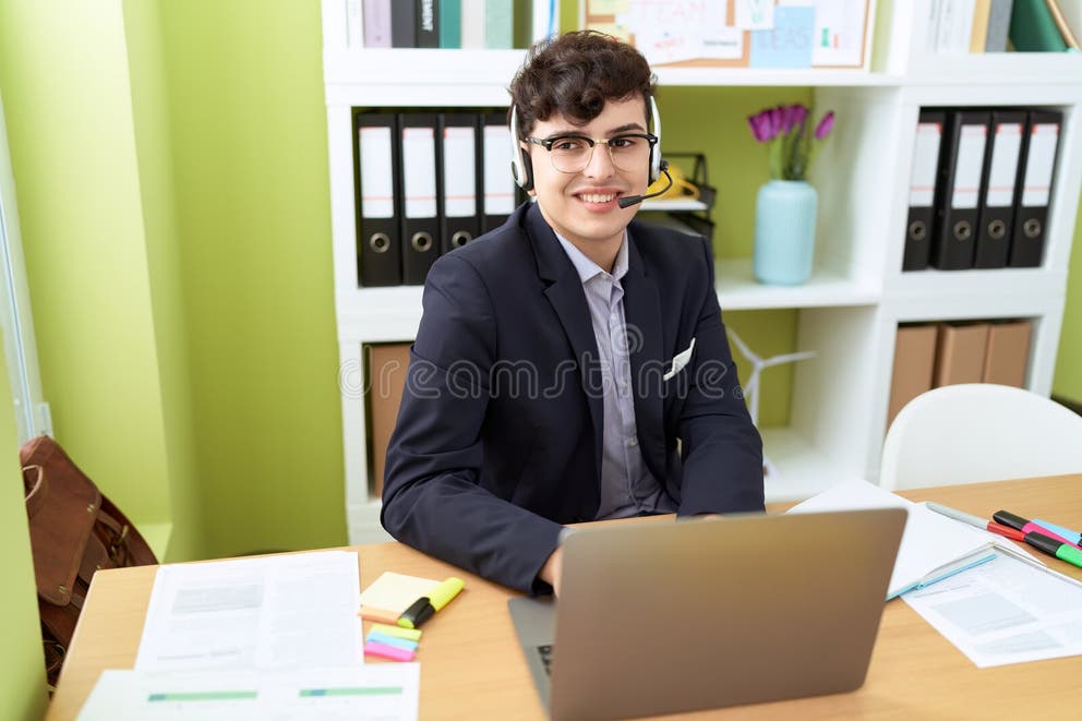 Non Binary Man Call Center Agent Smiling Confident Working at Office ...