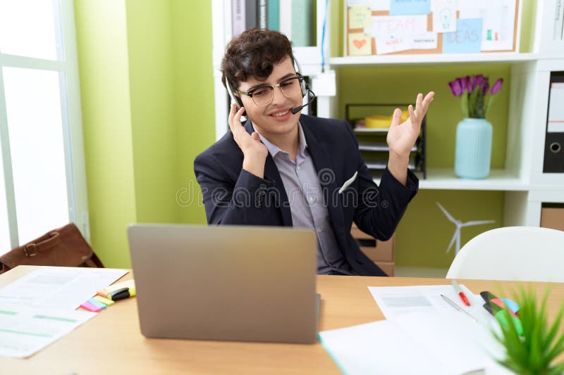 Non Binary Man Call Center Agent Smiling Confident Working at Office ...