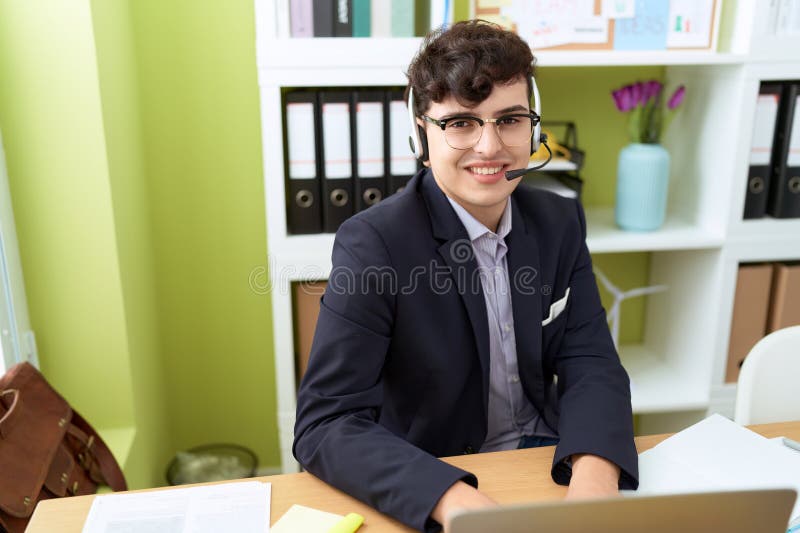 Non Binary Man Call Center Agent Smiling Confident Working at Office ...