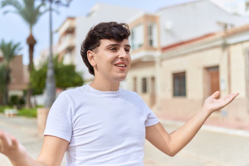 Non Binary Man Smiling Confident Speaking at Park Stock Image - Image ...