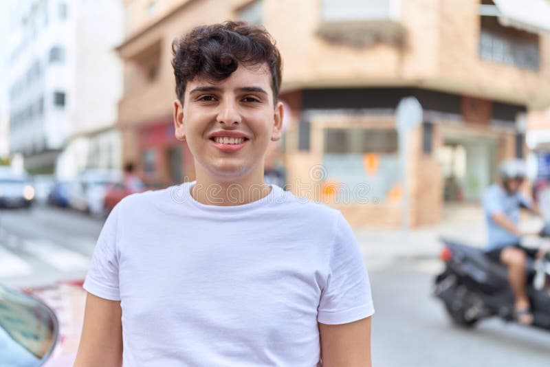 Non Binary Man Smiling Confident Standing at Street Stock Image - Image ...