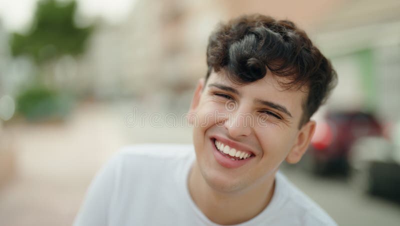 Non Binary Man Smiling Confident Standing at Street Stock Image - Image ...