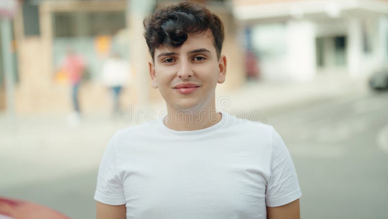 Non Binary Man Smiling Confident Standing at Street Stock Image - Image ...