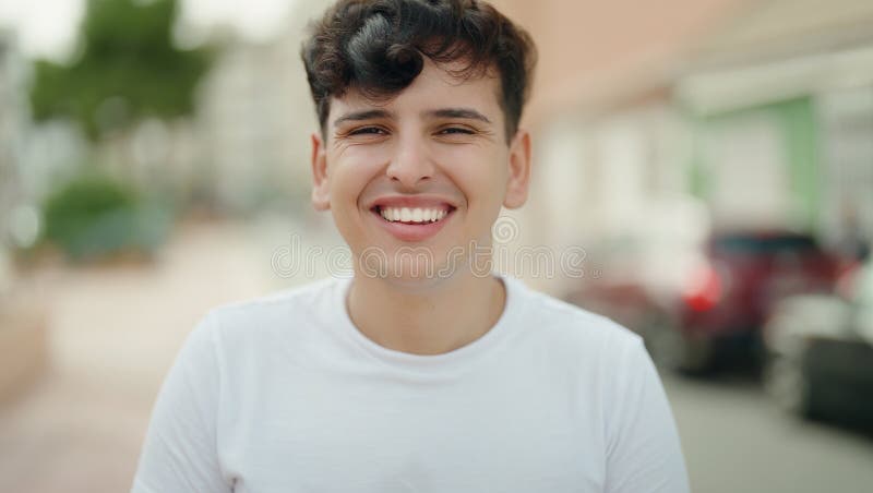 Non Binary Man Smiling Confident Standing at Street Stock Photo - Image ...
