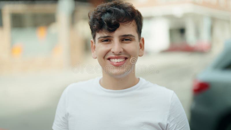 Non Binary Man Smiling Confident Standing at Street Stock Image - Image ...