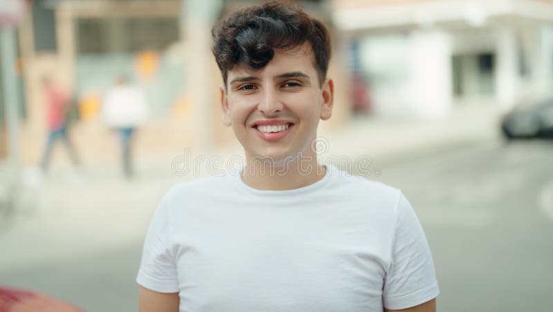 Non Binary Man Smiling Confident Standing at Street Stock Photo - Image ...