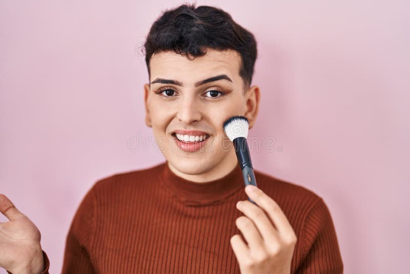 Non Binary Person Applying Make Up Celebrating Achievement with Happy ...