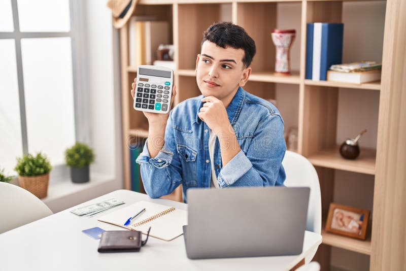 Non Binary Person Calculating Money Savings Serious Face Thinking about ...