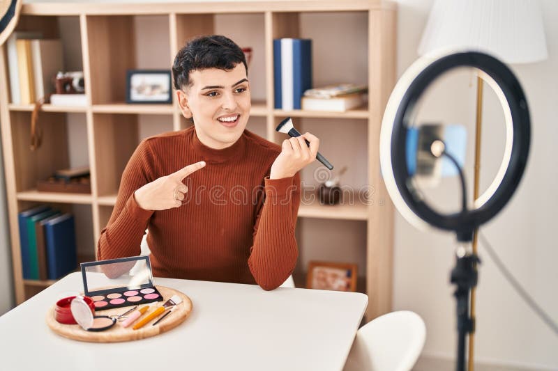 Non Binary Person Recording Vlog Tutorial with Smartphone at Home ...