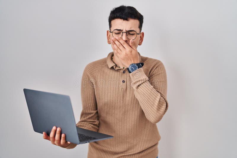 Non Binary Person Using Computer Laptop Bored Yawning Tired Covering ...