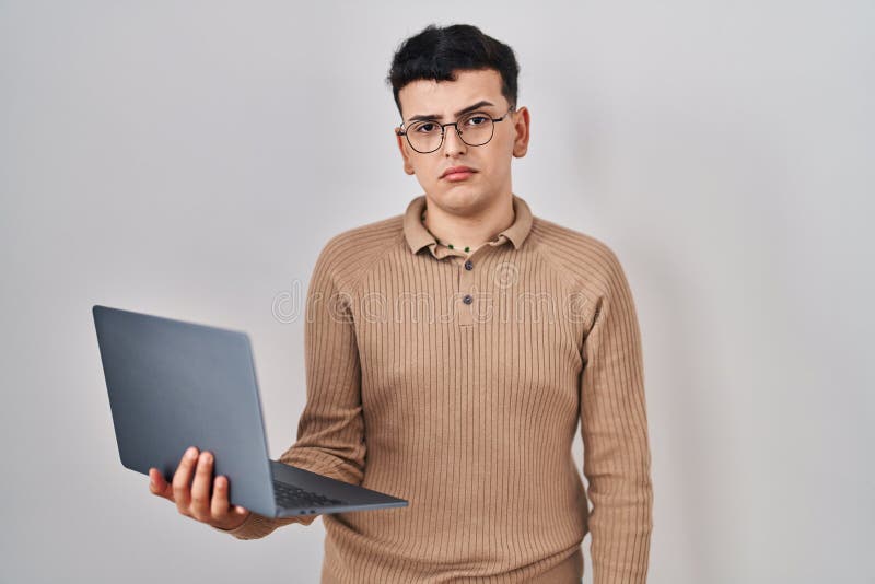 Non Binary Person Using Computer Laptop Depressed and Worry for ...