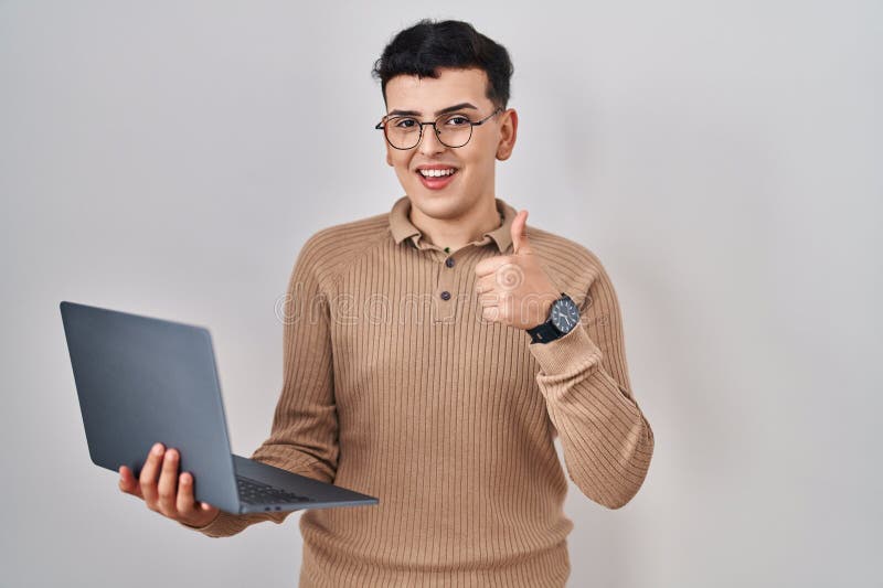 Non Binary Person Using Computer Laptop Doing Happy Thumbs Up Gesture ...