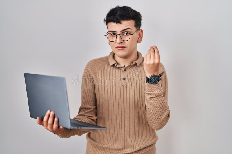 Non Binary Person Using Computer Laptop Doing Italian Gesture with Hand ... Non Binary Person Using Computer Laptop Doing Italian Gesture with Hand ...