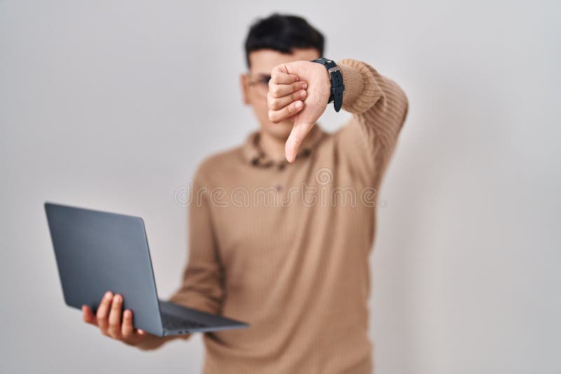 Non Binary Person Using Computer Laptop Looking Unhappy and Angry ...