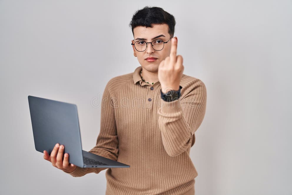 Non Binary Person Using Computer Laptop Showing Middle Finger, Impolite ...