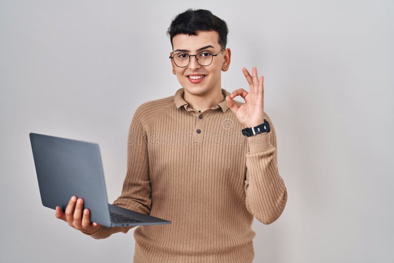 Non Binary Person Using Computer Laptop Smiling Positive Doing Ok Sign ...