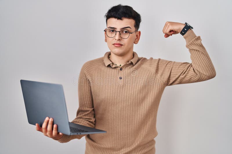 Non Binary Person Using Computer Laptop Strong Person Showing Arm ...