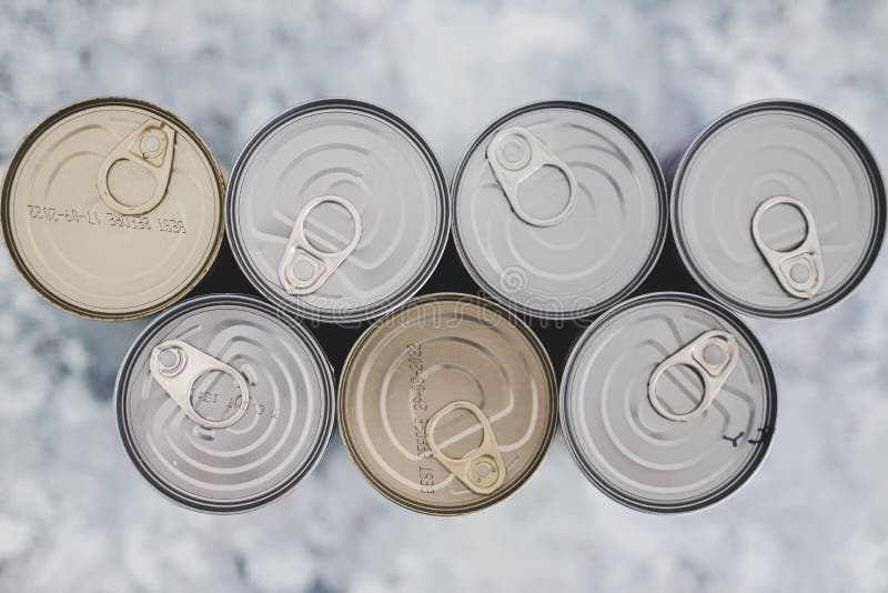 Non-perishable Pantry Food, Group of Bean Cans Shot from Top Down ...
