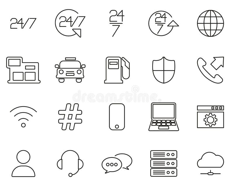 Nonstop Service or 24/7 Service Icons Black & White Thin Line Set Big ...