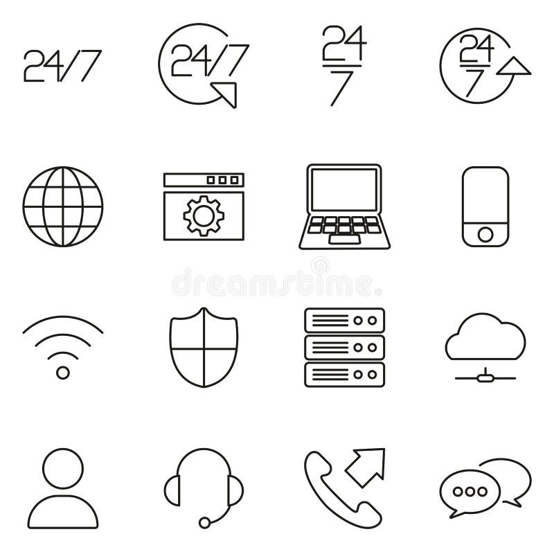 Nonstop Service or 247 Service Icons Thin Line Vector Illustration Set ...