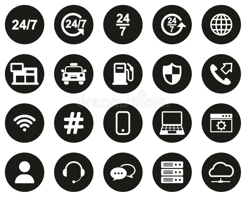 Nonstop Service or 247 Service Icons White on Black Flat Design Circle ...