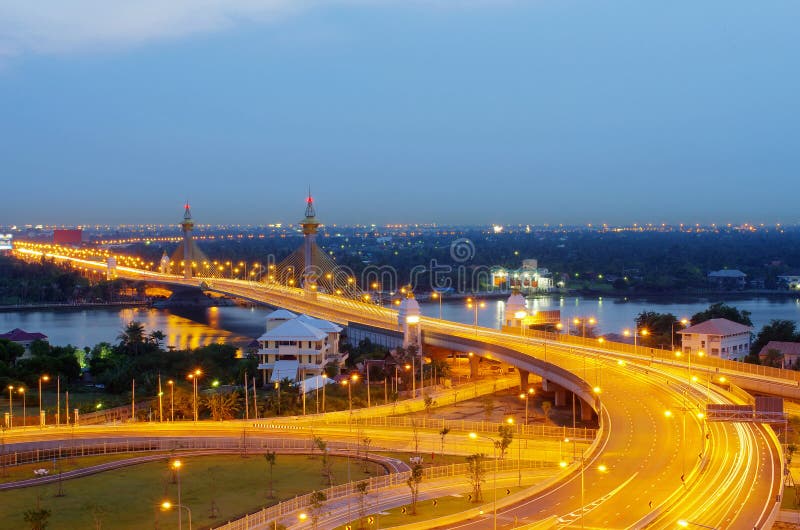 Bridge In Nonthaburi Thailand Sunset Stock Photo - Image of illuminated ...
