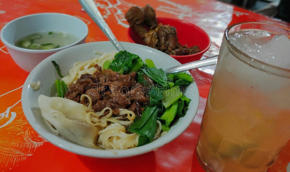 Noodle with Chicken and Vegetable and Ice Tea Stock Photo - Image of ...