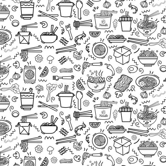Noodles Cup Instant Ramen Hand Drawn Doodle Seamless Pattern Stock ...