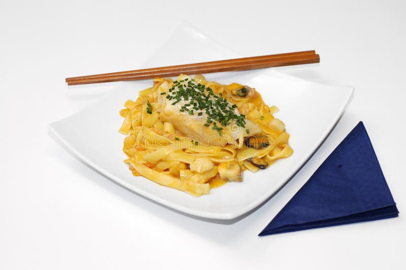 Noodles and fish. stock photo. Image of food, noodles, herb - 488356