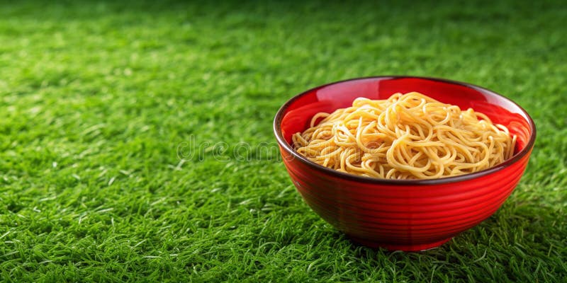 Noodles in a Patterned Red Bowl on the Grass Generative by AI Stock ...