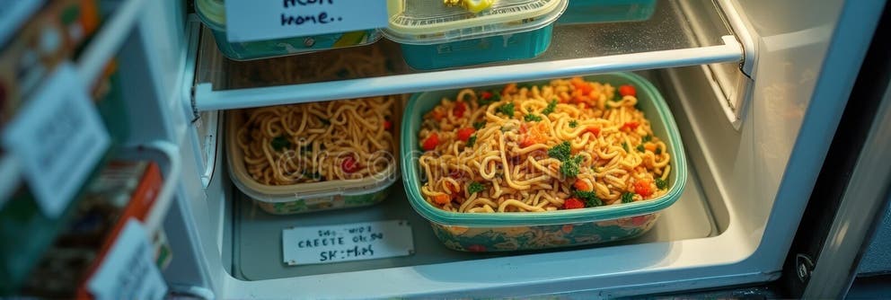 Noodles and Vegetables in Refrigerator - Ready-to-eat Meals in Kitchen ...