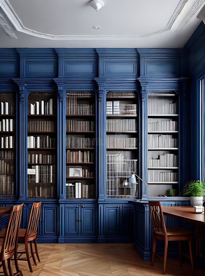 Nordic Blue and White Library with Realism. Stock Illustration ...